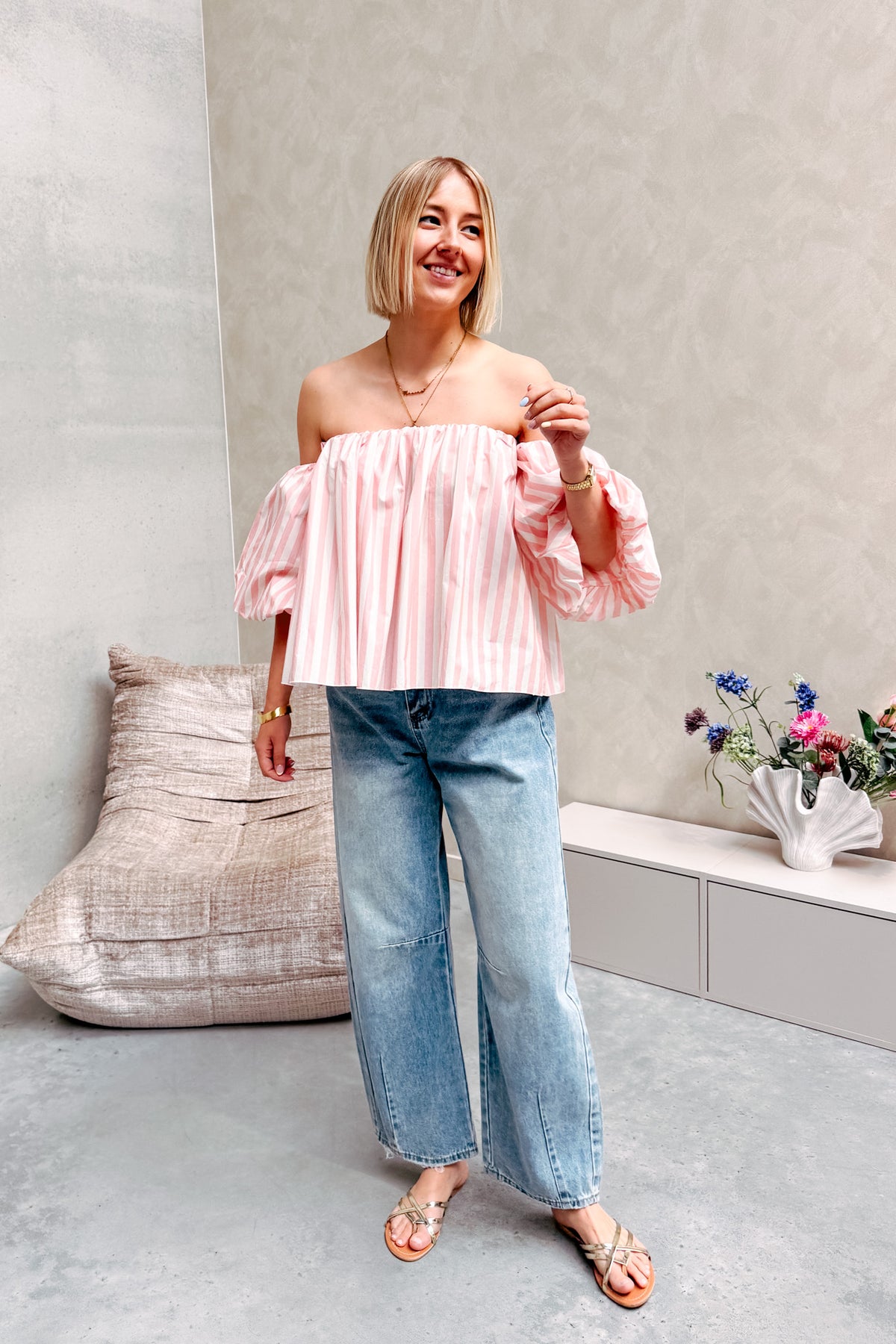 FLIRTY LINES BLOUSE - CREAM/PINK – By Lenz